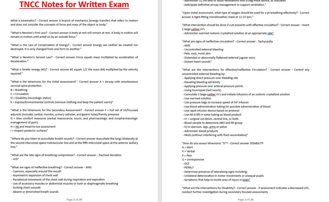 TNCC Notes for Written Exam Designed to Help the Learner Answer Exam ...
