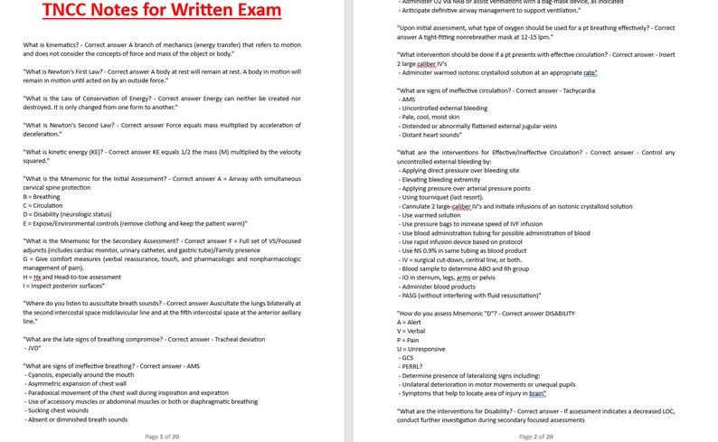 TNCC Notes for Written Exam Designed to Help the Learner Answer Exam ...