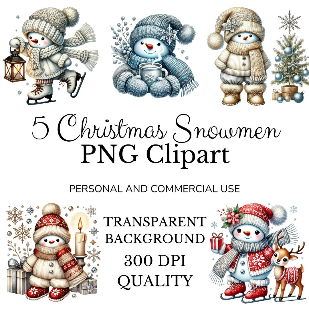 5 Cute Snowman PNG Clipart Bundle, Christmas Festive Snowman, Winter ...