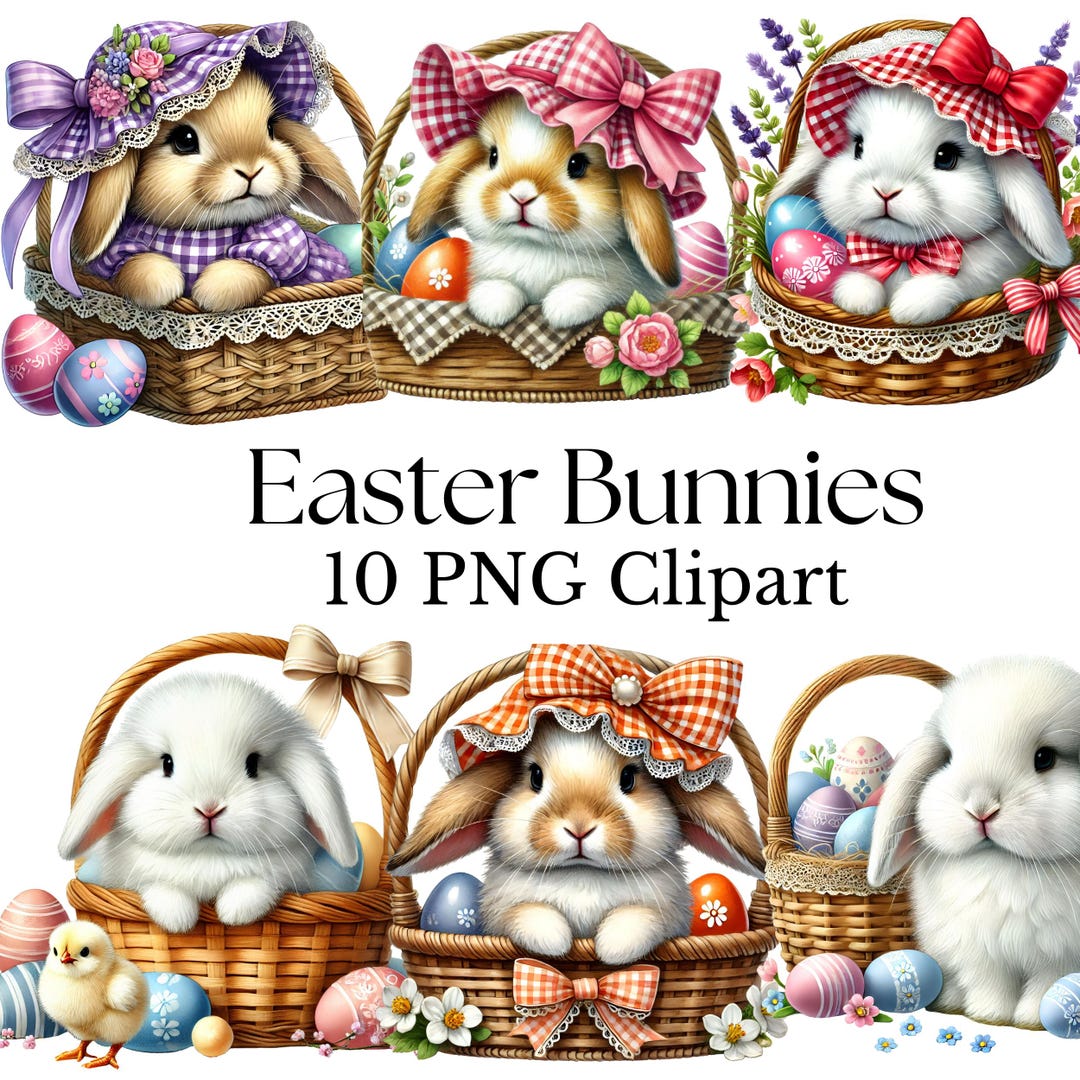 Easter Bunnies Clipart, PNG Cute Rabbits in Easter Baskets, Bundle ...
