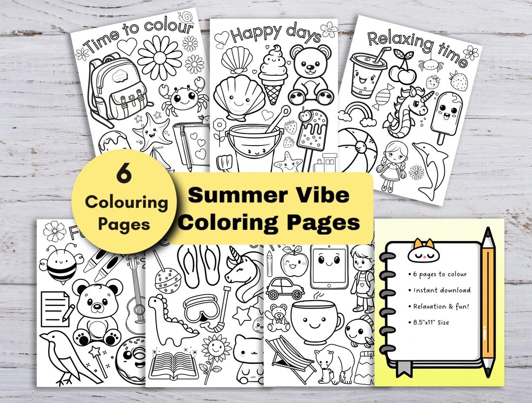 Instant Printable 6 Colouring Pages,summer Vibe,holiday Colouring Pages ...