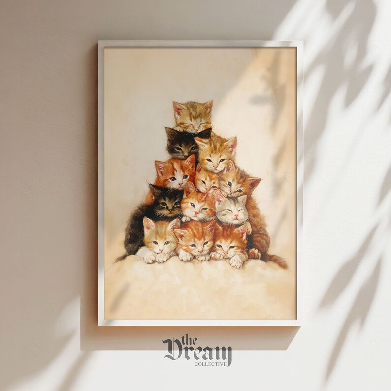 Vintage Cute Kittens Illustration, Sleepy Kittens Poster, Warm Wall Art ...