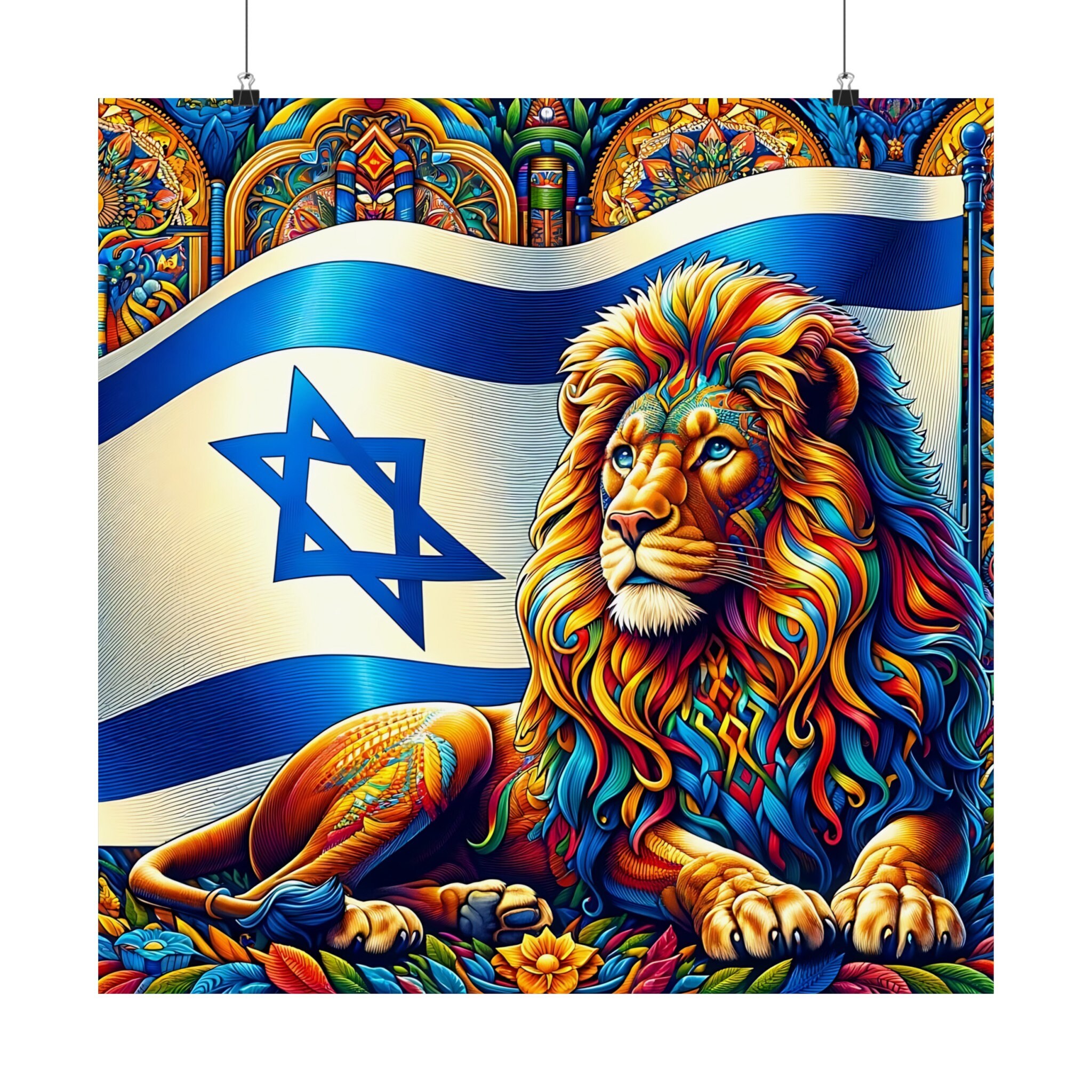 Arthur Syzk Inspired Colorful Lion of Judah and Flag of Israel Matte ...