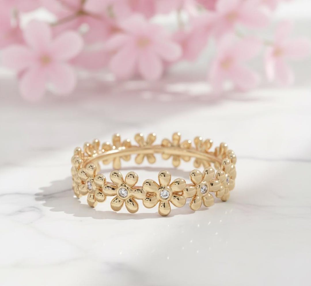 14K Gold Daisy Flower Eternity Band • Floral Ring With Dainty Stones ...