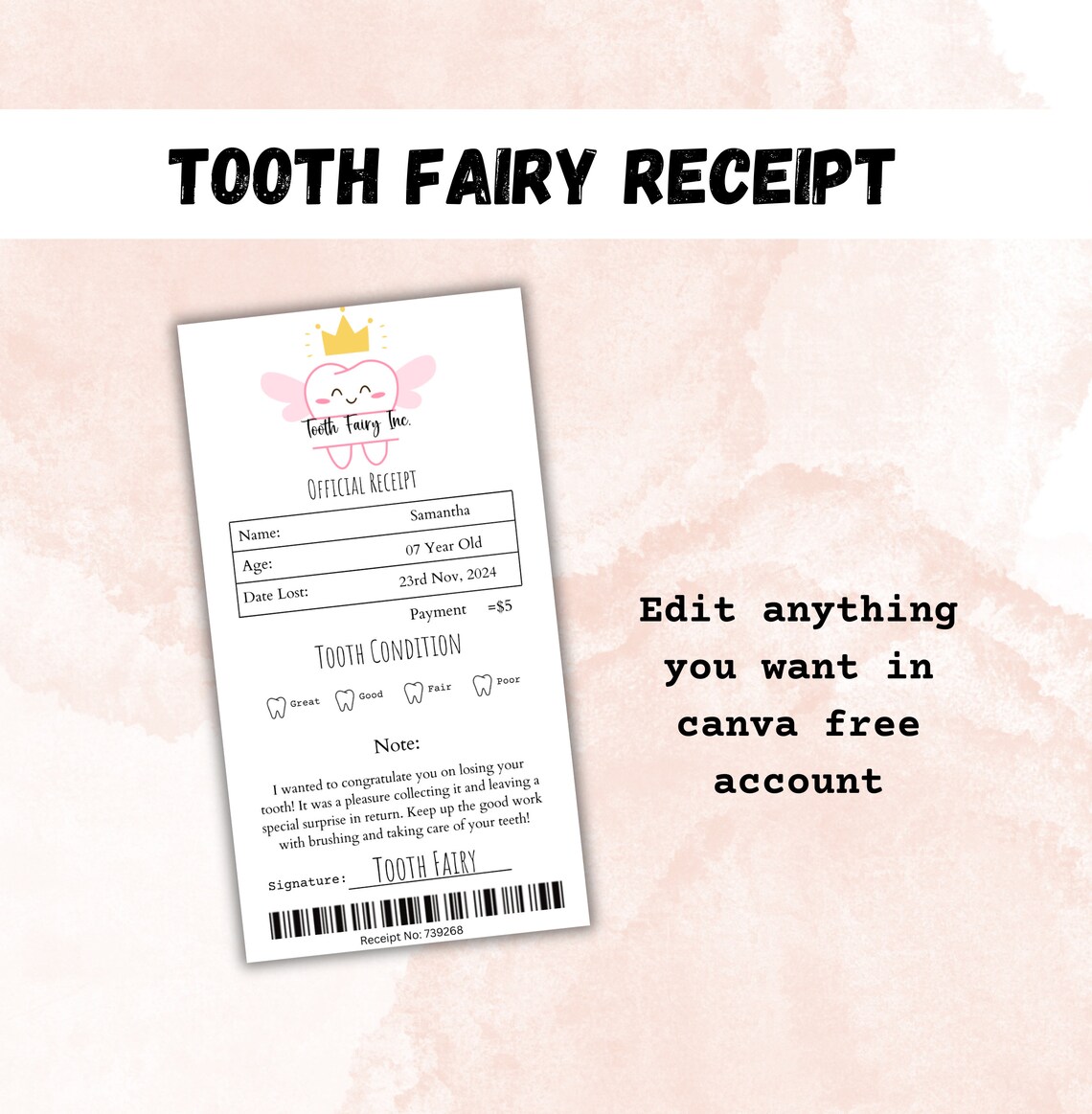 Editable/printable Tooth Fairy Letter and Tooth Fairy Receipt, Mini ...