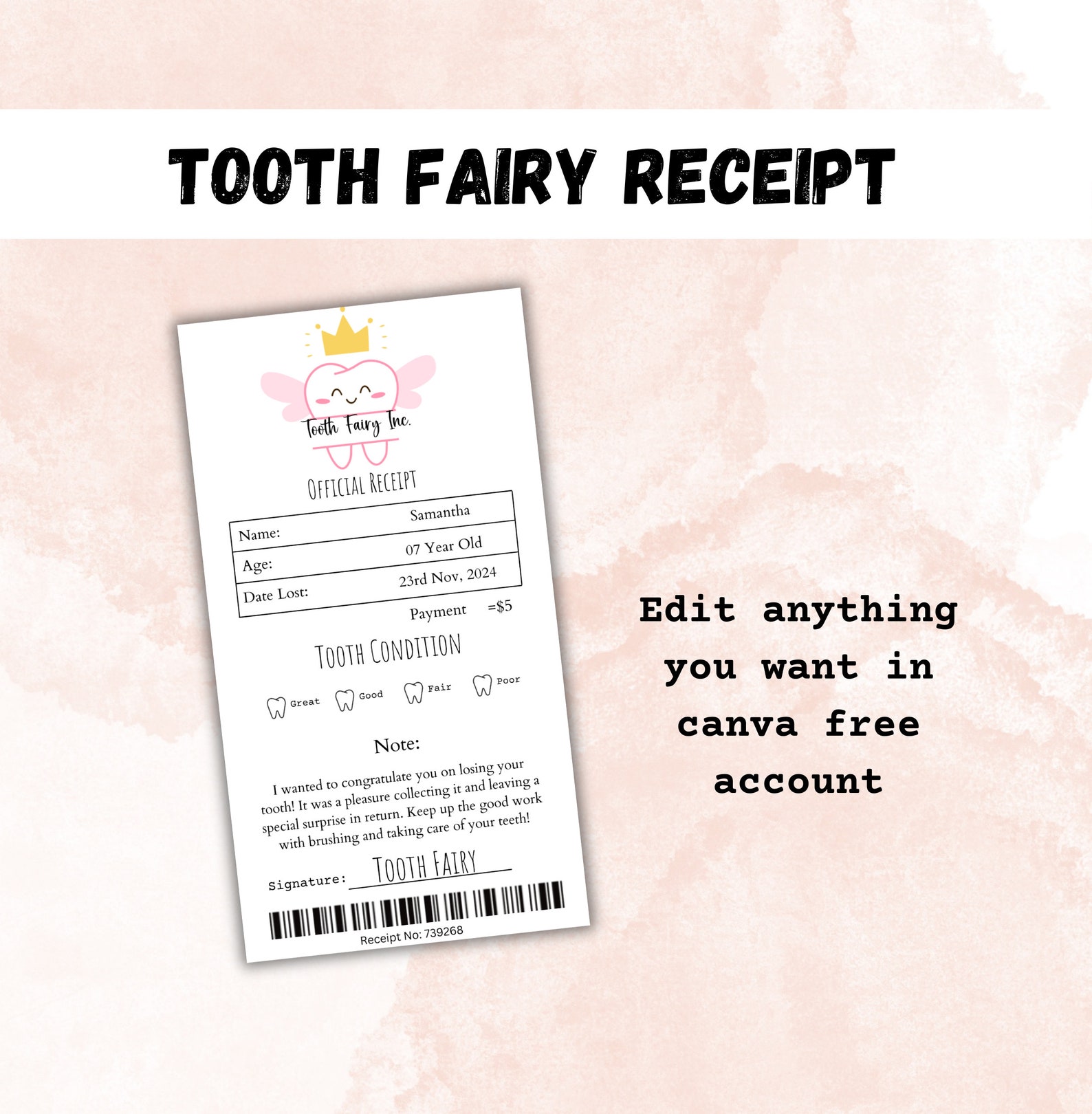 Editable/printable Tooth Fairy Letter and Tooth Fairy Receipt, Mini ...