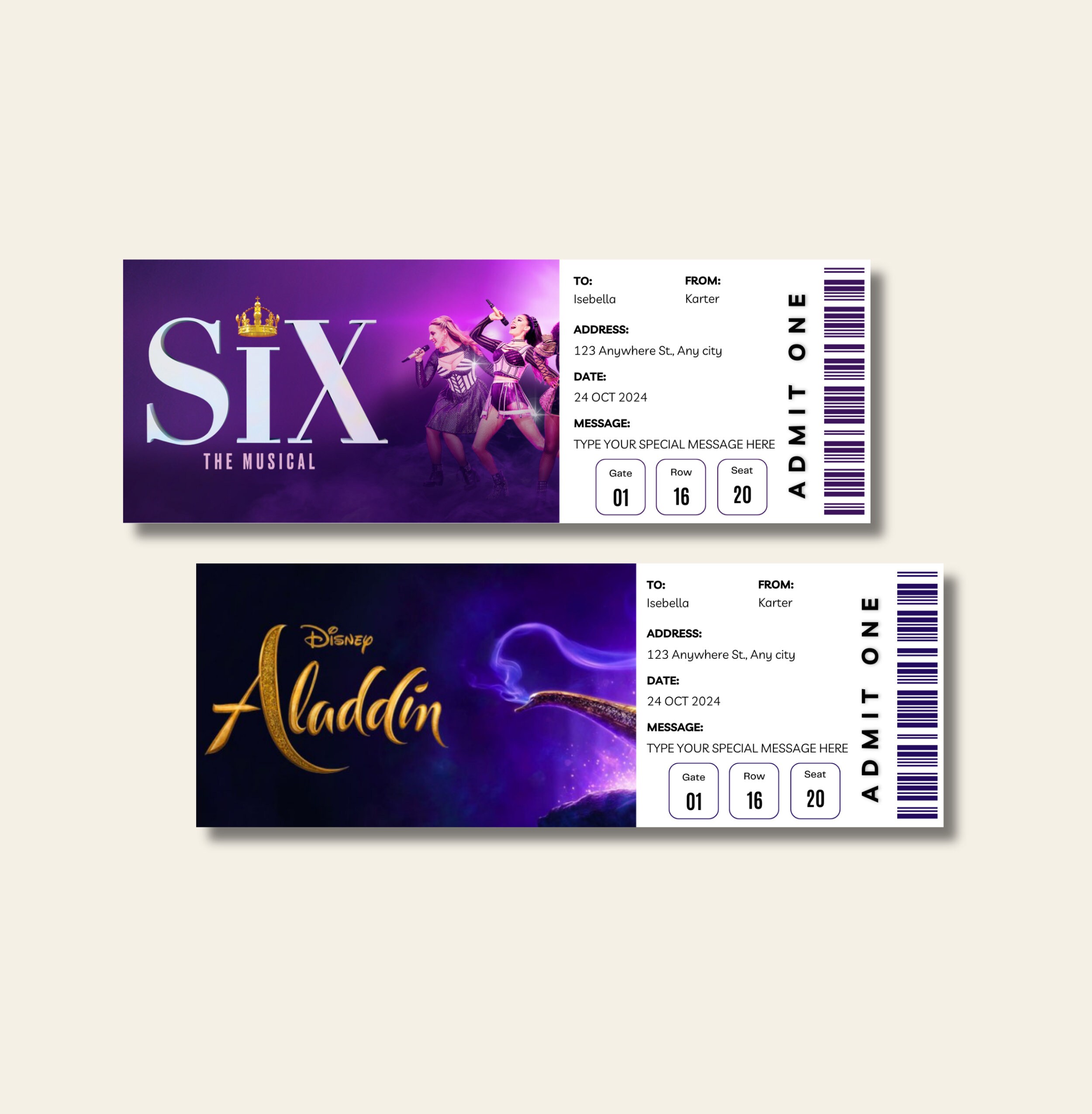 Personalised/custom Theatre Ticket Event Ticket Surprise Voucher ...