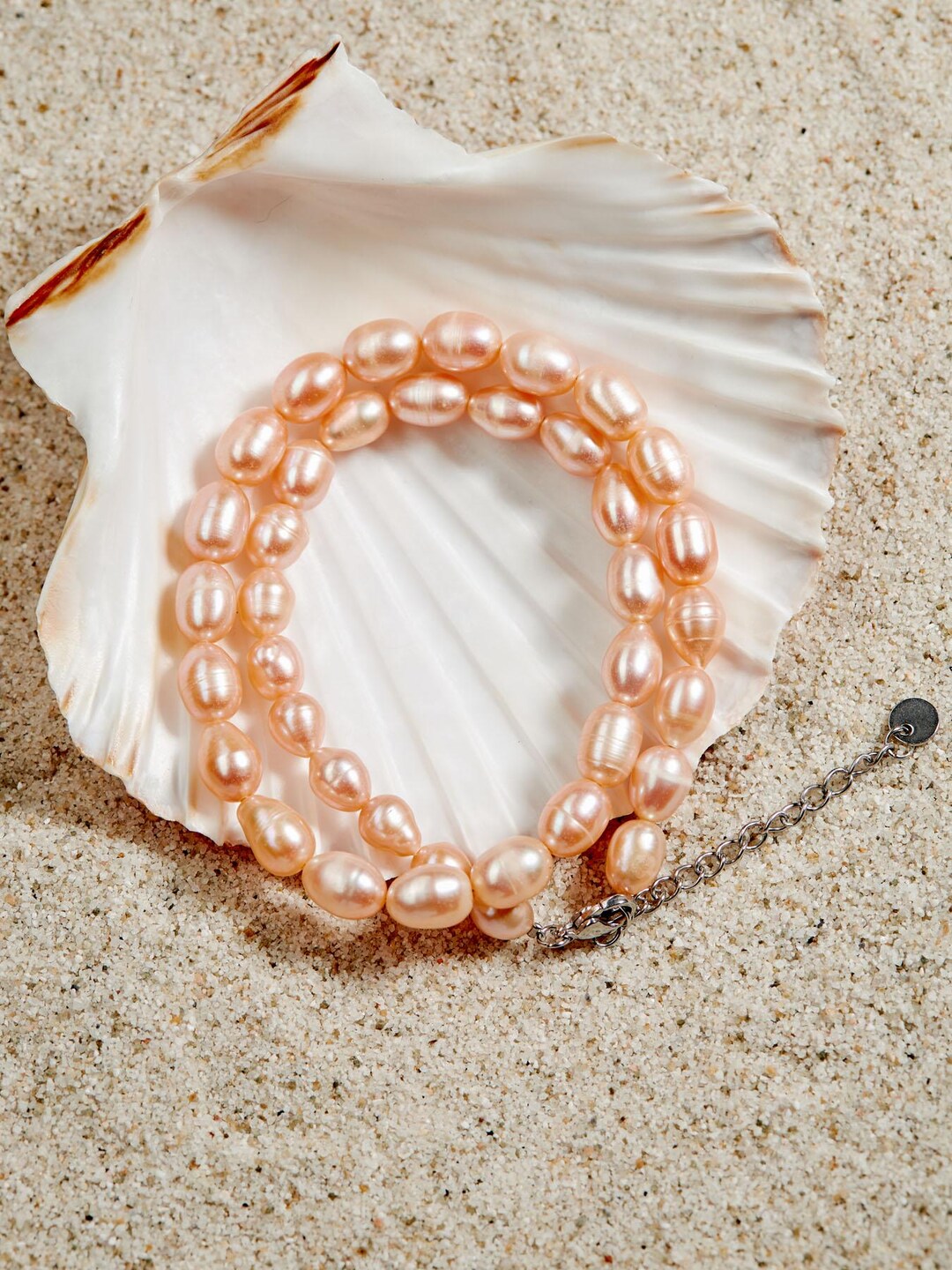 MYSOYA Natural Pink Rice-shaped Pearl Necklace 6–7mm With Silvery ...