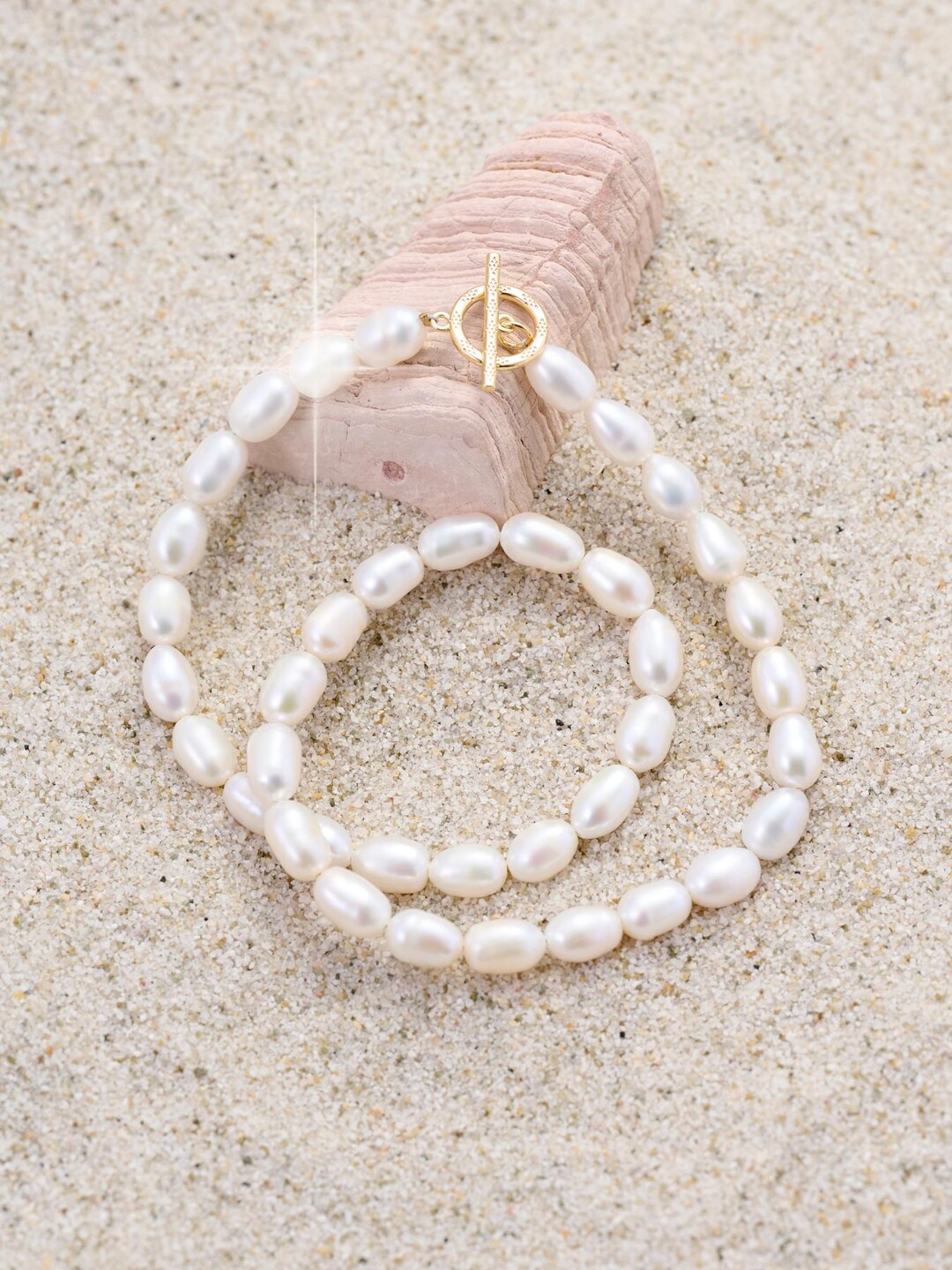 MYSOYA Natural White Rice-shaped Pearl Necklace 7–8mm With Golden OT ...