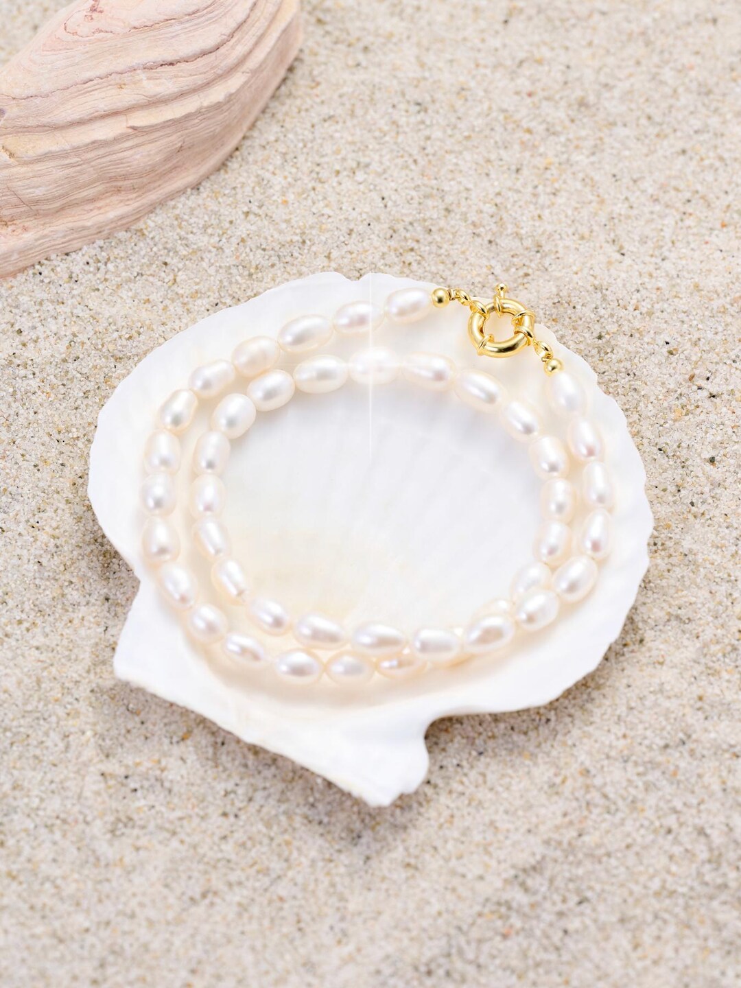 MYSOYA Natural White Rice-shaped Pearl Necklace 7–8mm With Golden ...