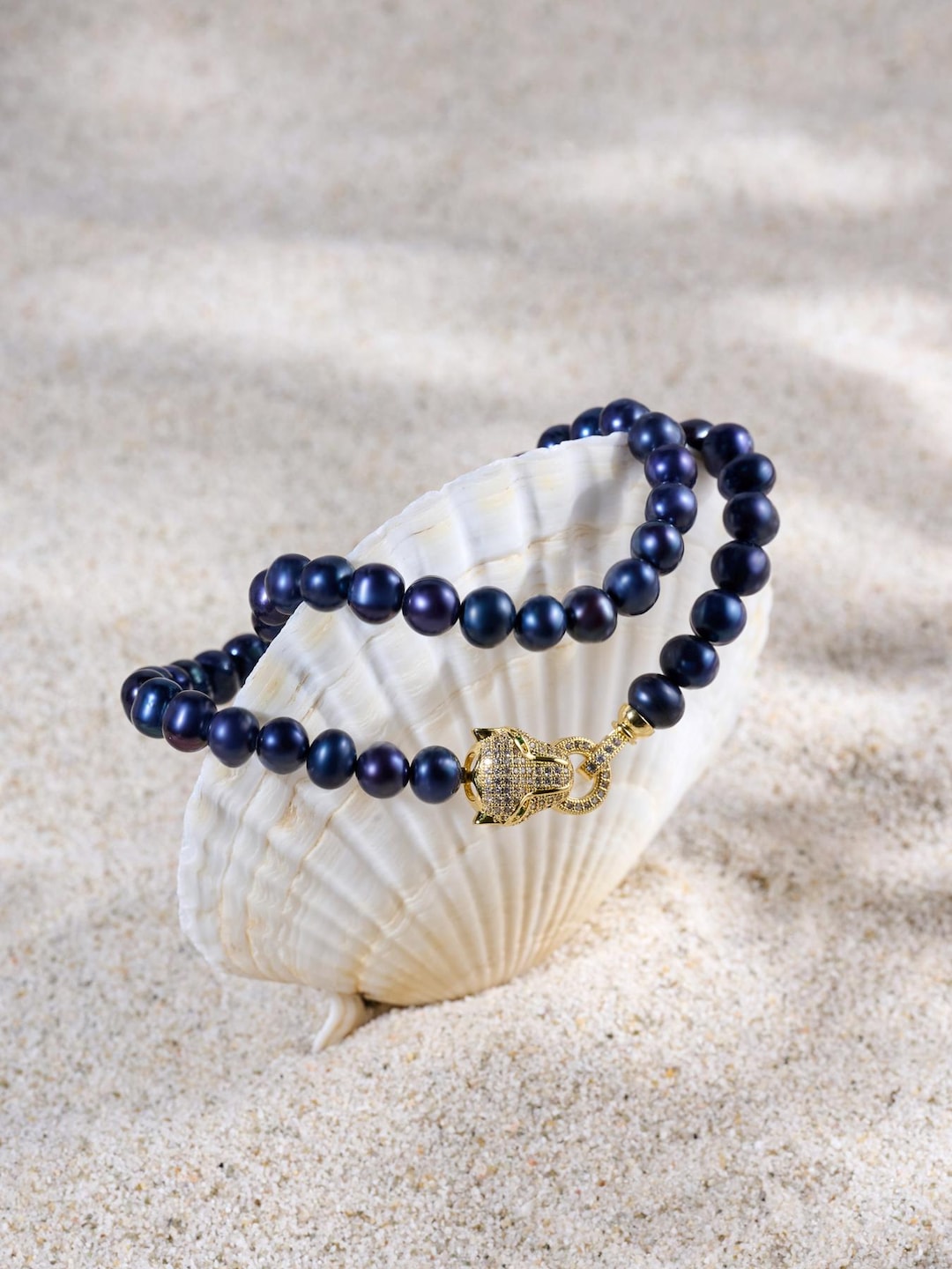 MYSOYA Dark Freshwater Pearl Necklace 8–9mm – Golden Leopard Head Clasp ...