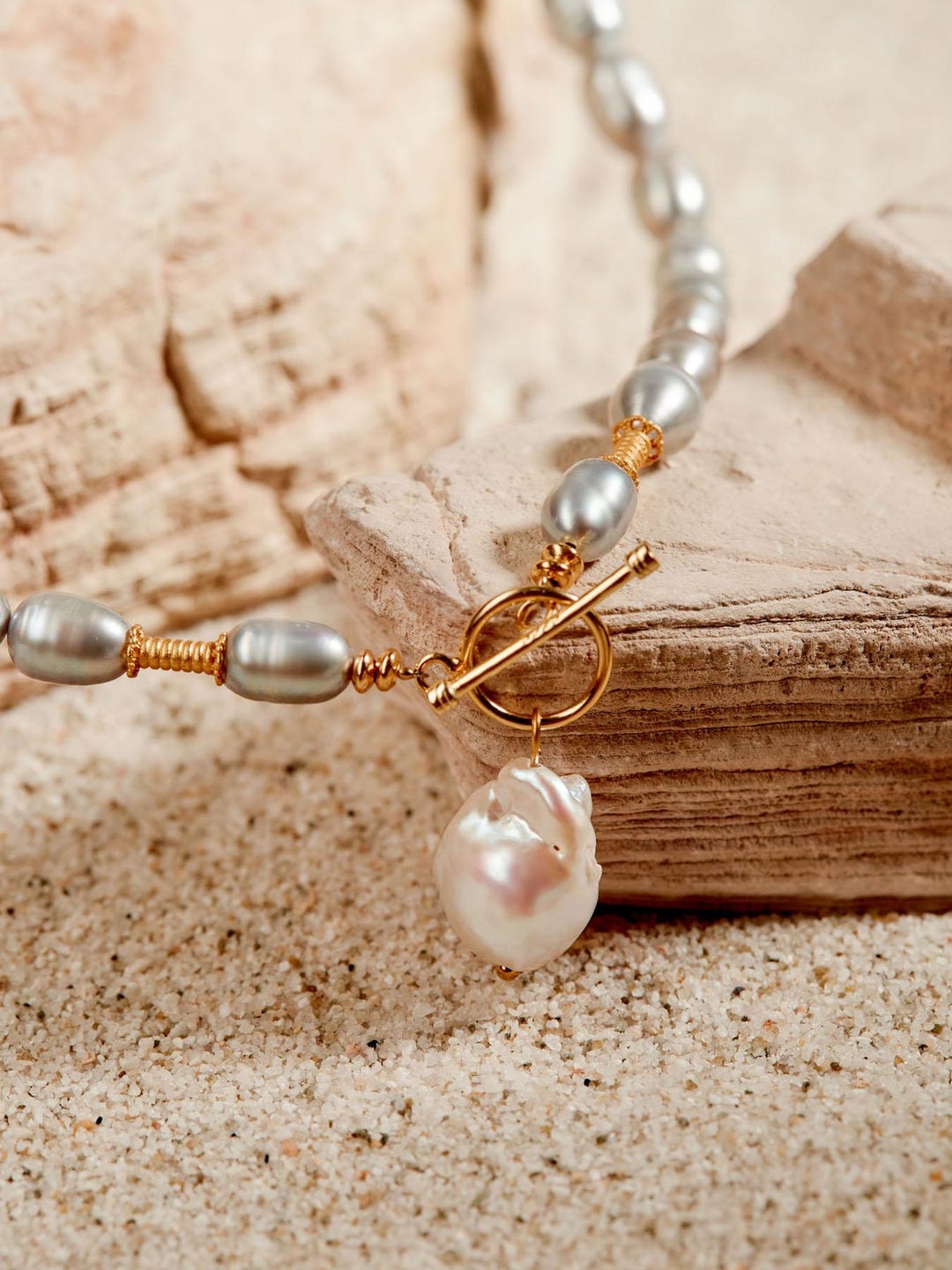 MYSOYA Natural Gray Baroque Pearl Pendant Necklace 7–8mm With Golden OT ...