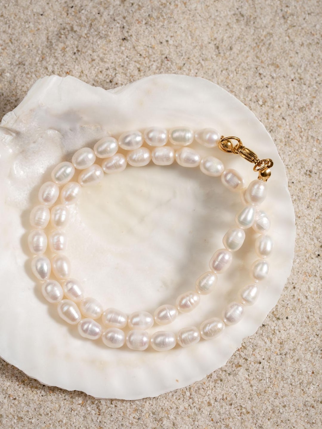 MYSOYA Natural White Rice-shaped Pearl Necklace 6–7mm With Golden ...