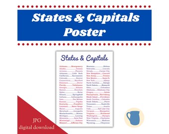 U.S. States & Capitals Poster Classroom Decor Educational Poster for ...