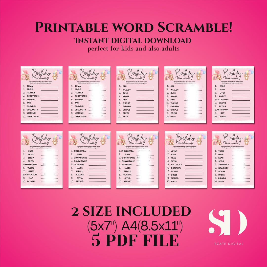 Birthday Word Scramble Birthday Games, 5 Different Themes, Printable ...