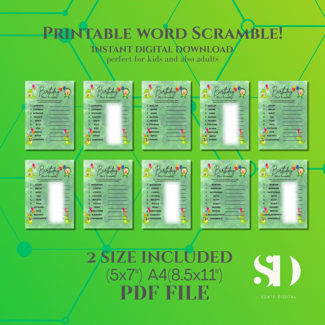 Birthday Word Scramble Birthday Games, 5 Different Themes, Printable ...