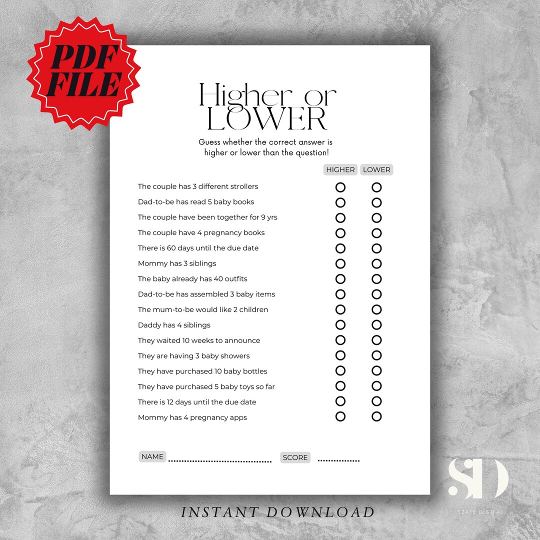 Higher or Lower Family Game, Family Higher or Lower Game Printable ...