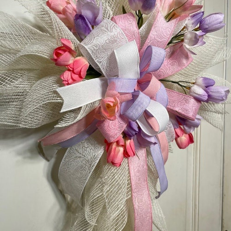 Handmade Spring Tulip Cross, Pink and Purple Floral Door Decor, Easter ...