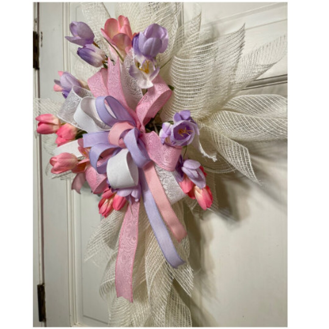 Handmade Spring Tulip Cross, Pink and Purple Floral Door Decor, Easter ...