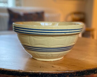 Vintage Ovenware 14" Mixing Bowl. Vintage Yellow Ware. Teal Blue & Burgundy Stripes. Made in the ...