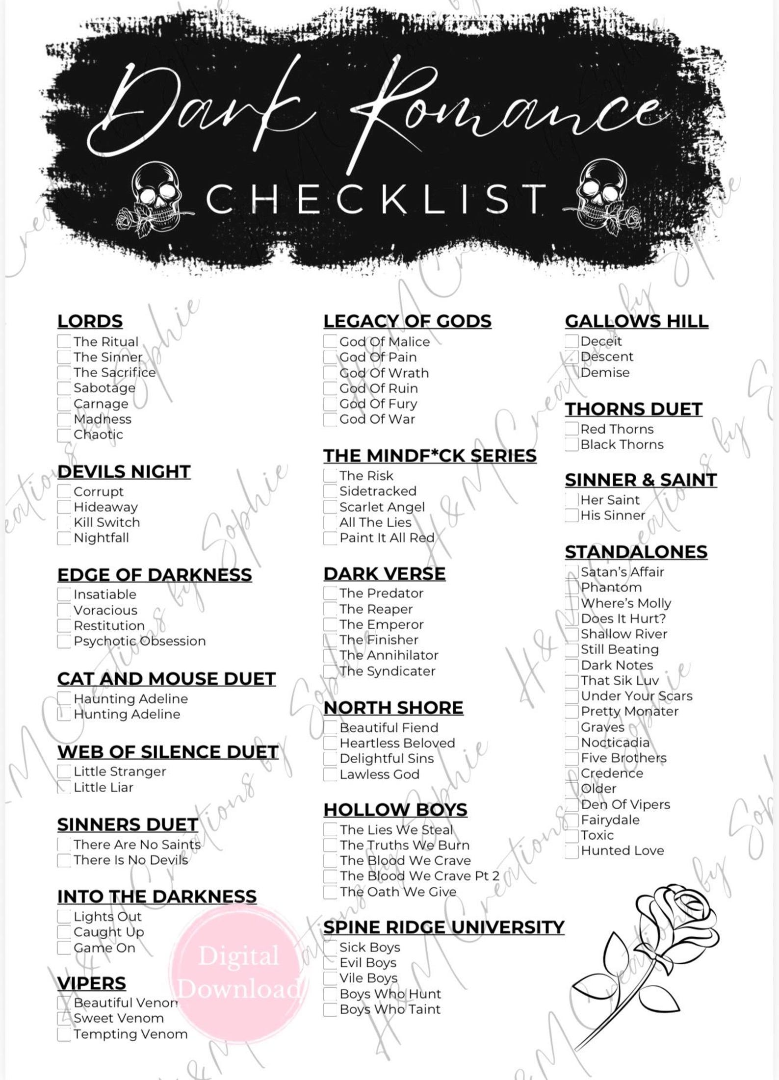 Dark Romance Checklist, Printable Dark Romance List (digital Download ...