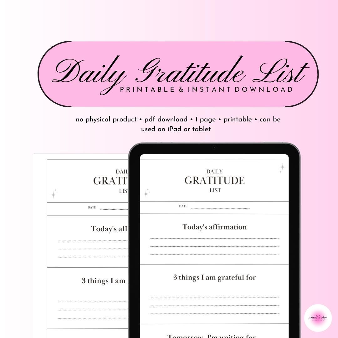 Daily Gratitude List, Printable, Instant Download, Affirmations ...