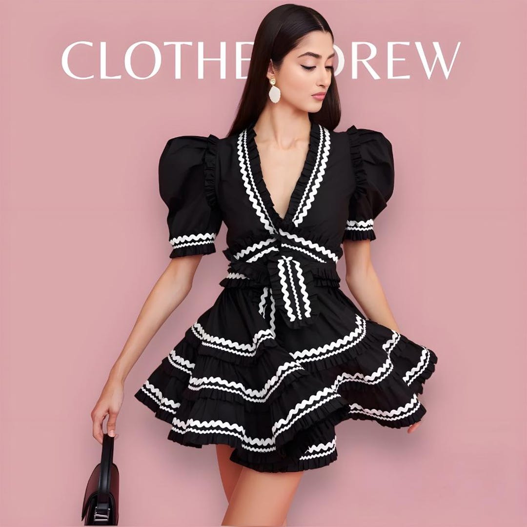 Color Block Spliced Lace-up V-neck Dress Women's Casual Short Sleeve ...