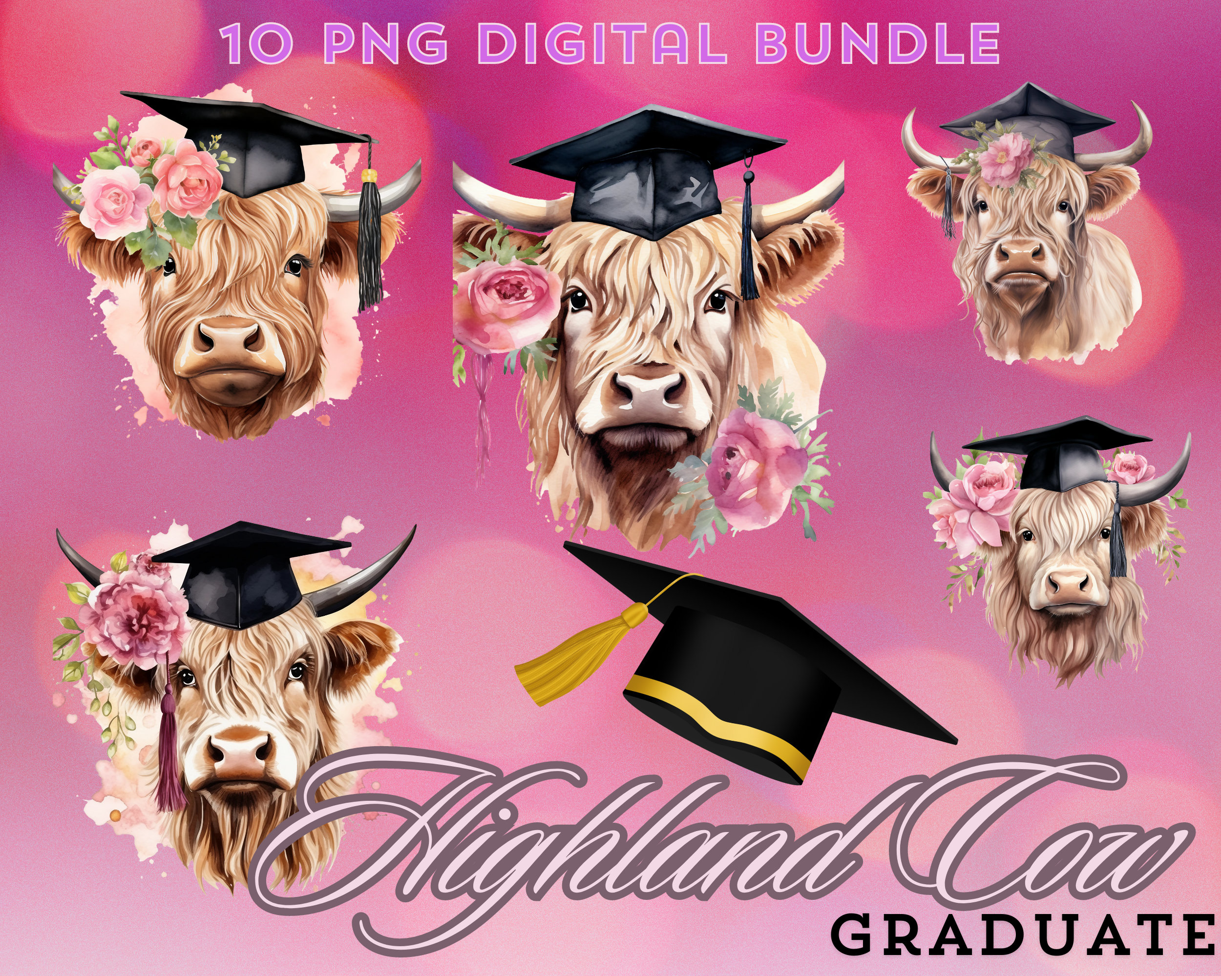 Highland Cow Graduate PNG Bundle, Graduation Cow Clipart, Cow With ...