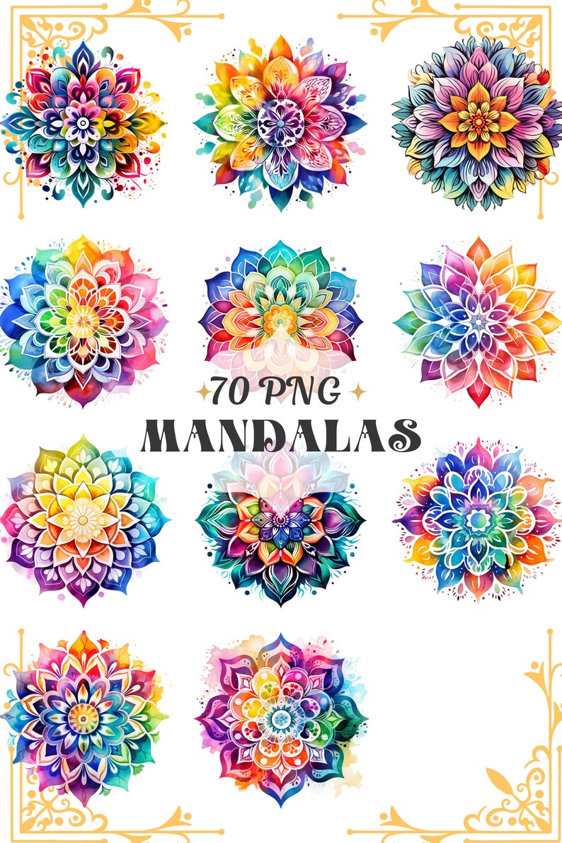 Rainbow Mandala Clip Art – 70 PNG Watercolor Zen Designs (digital ...