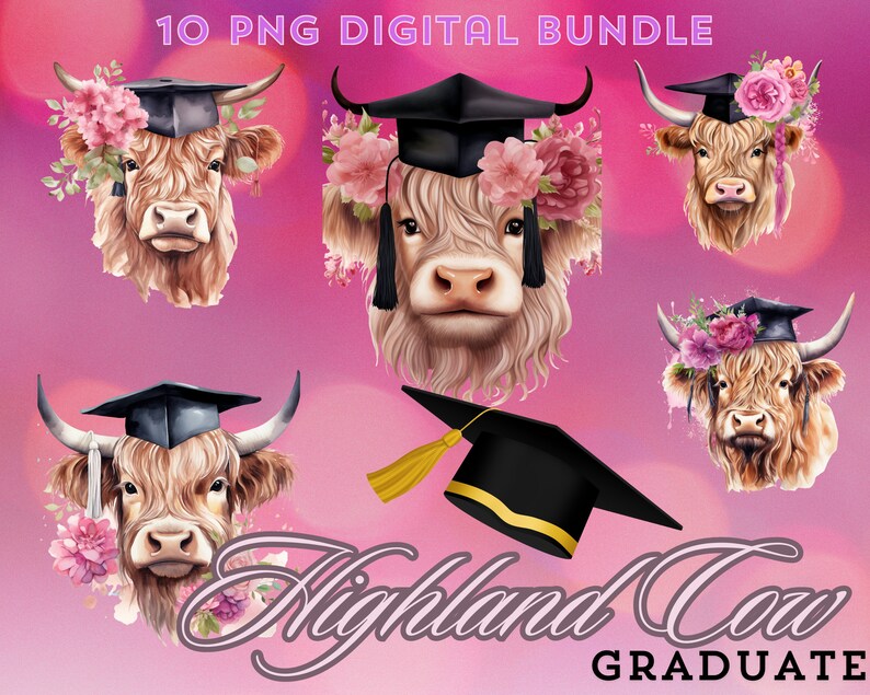 Highland Cow Graduate PNG Bundle, Graduation Cow Clipart, Cow With ...
