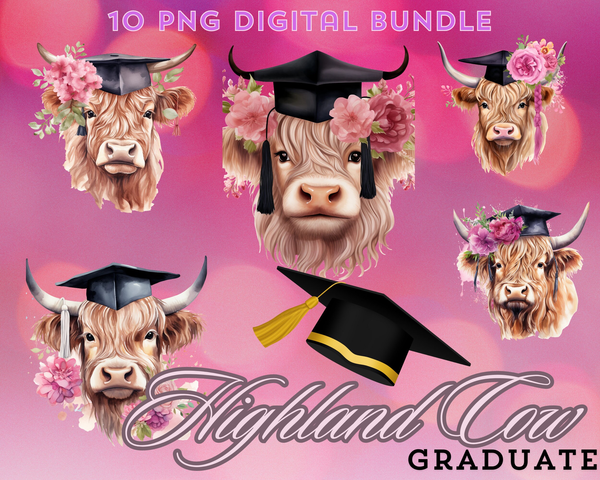 Highland Cow Graduate PNG Bundle, Graduation Cow Clipart, Cow With ...