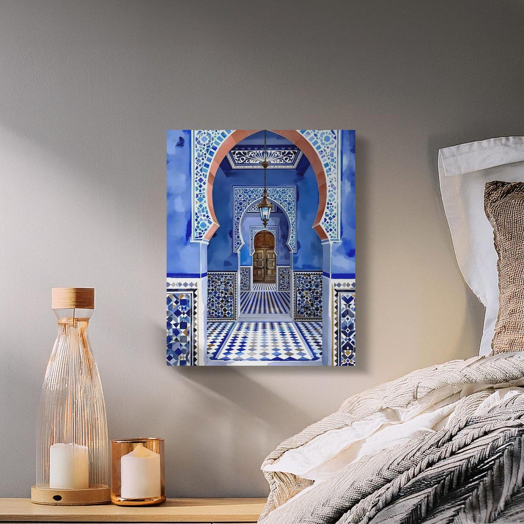 Moroccan Blue Tile Art Print: Arched Doorway Wall Decor (digital ...