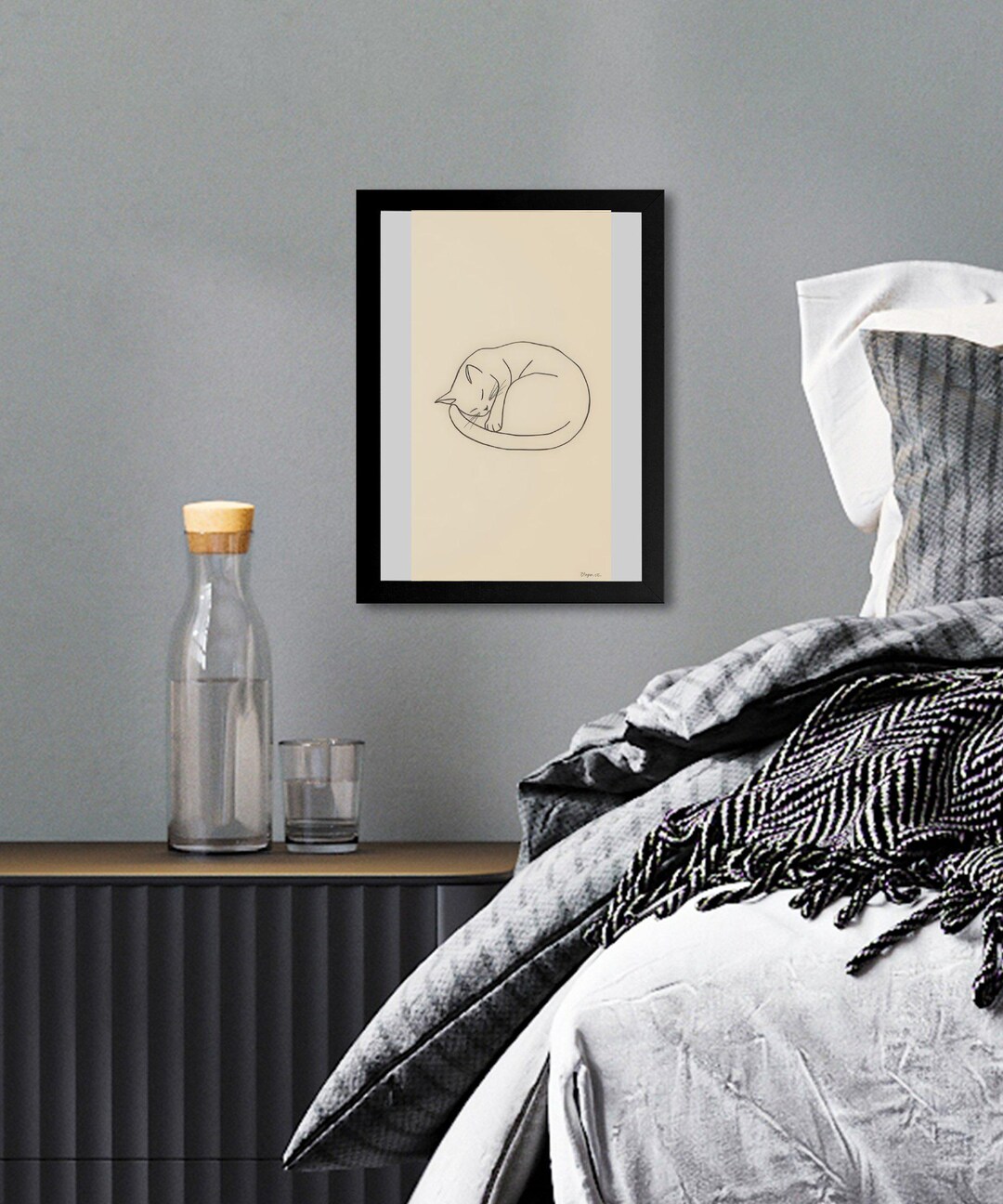 Minimalist Cat Line Art, Cute Cat Digital Print, Sleeping Cat ...