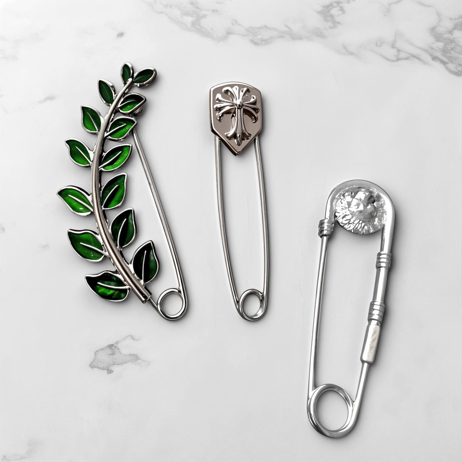 Vintage Safety Pin Set: Leaf Brooch, Cross Shield, Lion Emblem - Y2K ...