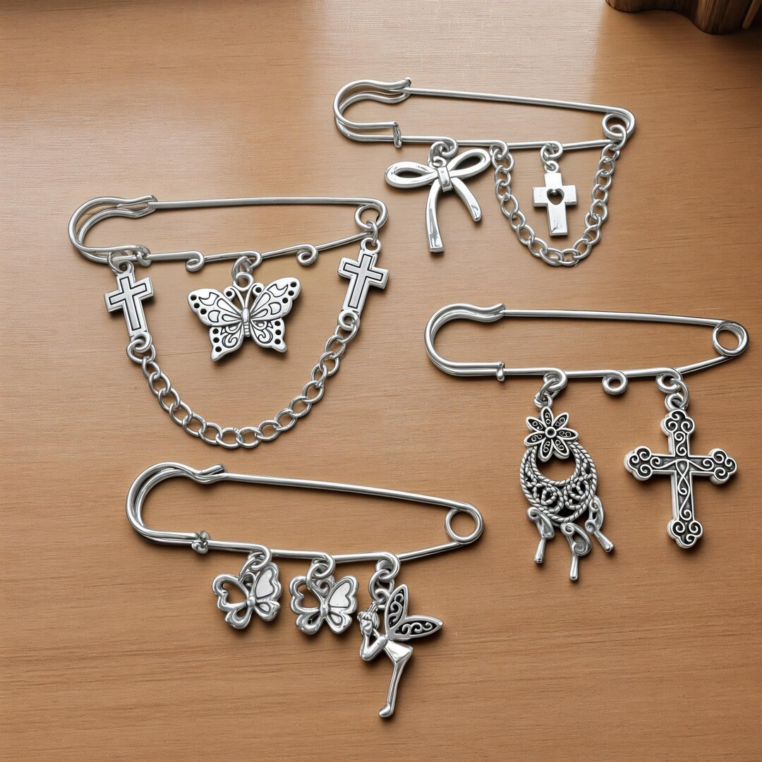 Vintage Gothic Charm Safety Pins: Silver Cross, Fairy Brooch Set - Etsy