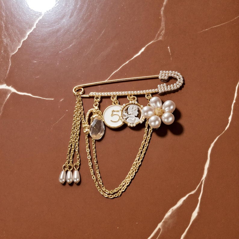 Gold Pearl Safety Pin Brooch: Vintage Coin & Flower Dangles - Etsy