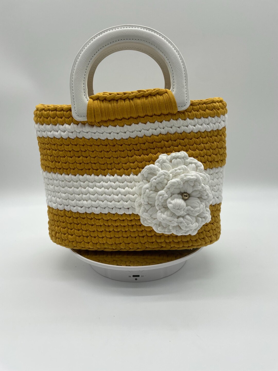 Medium Sized Basket With Handles, Hand-woven With Two-color Rag Yarn ...