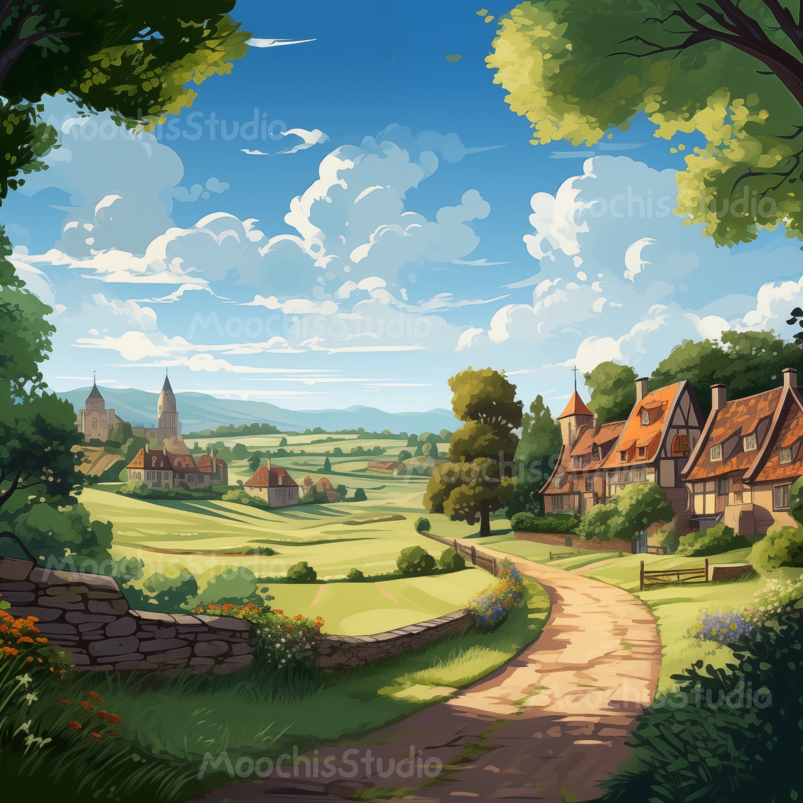 Small Town English Countryside Digital Art Small Town Seasons Weather ...