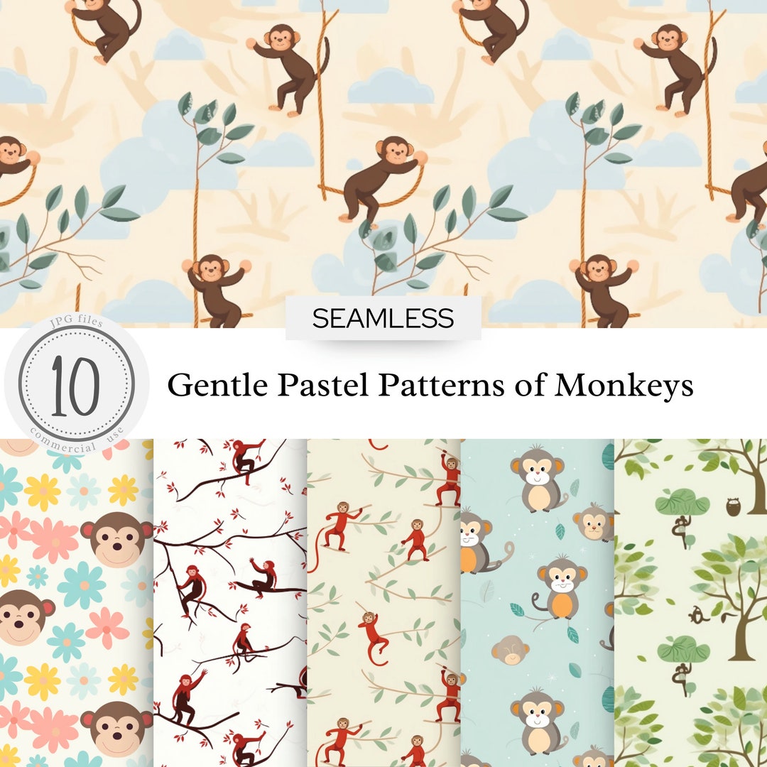 Monkeys Seamless Pastel Patterns Ape Gorilla Chimpanzee Gentle Digital ...