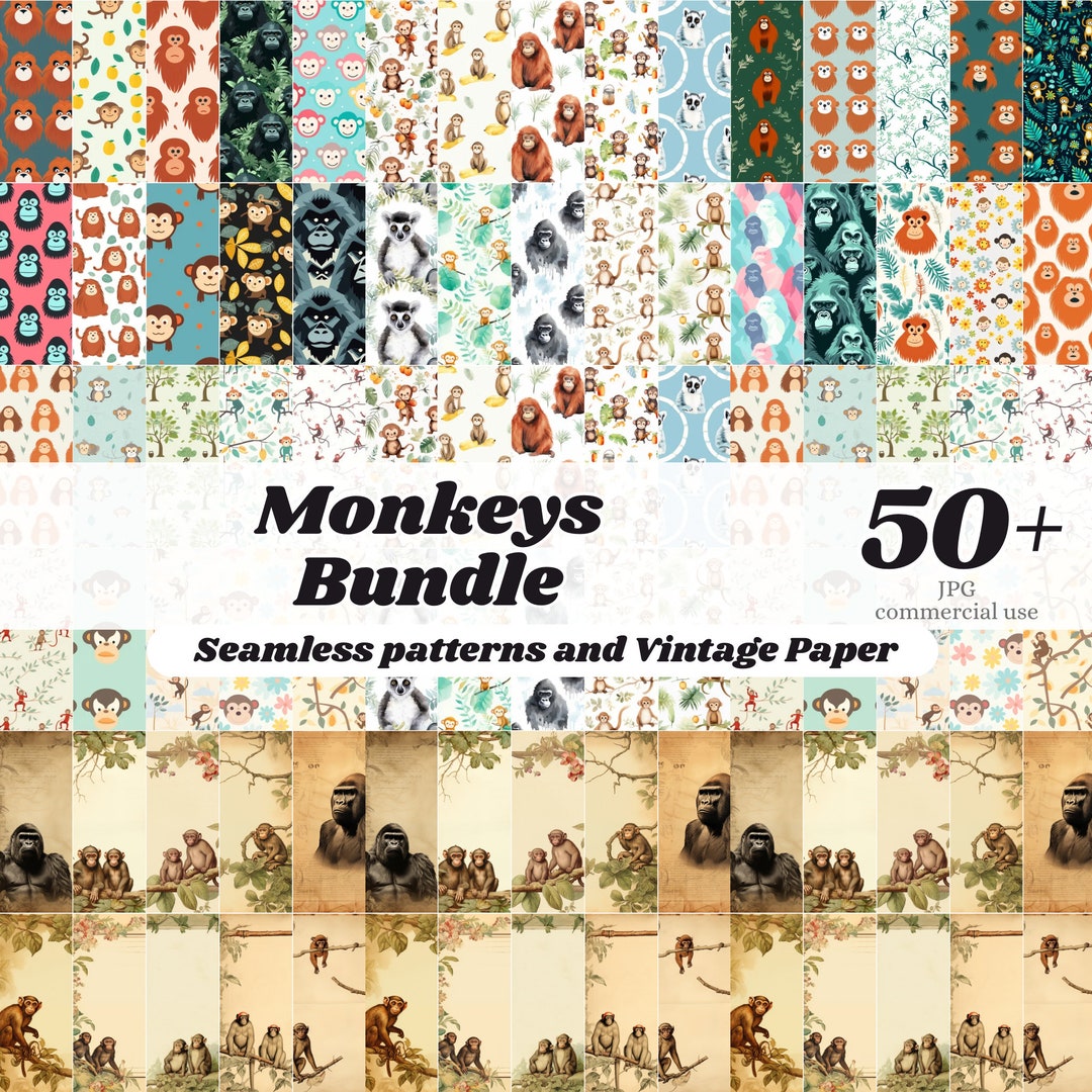 50 Monkeys Seamless Patterns and Old Vintage Papers Full Bundle Simple ...