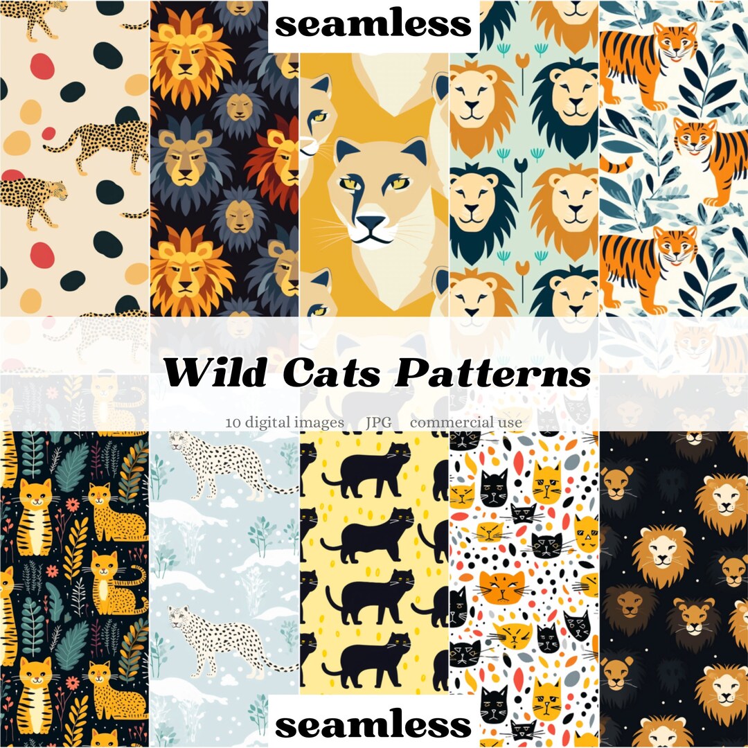 Wild Cats Patterns Bundle Tiger Puma Lion Seamless Digital Print ...