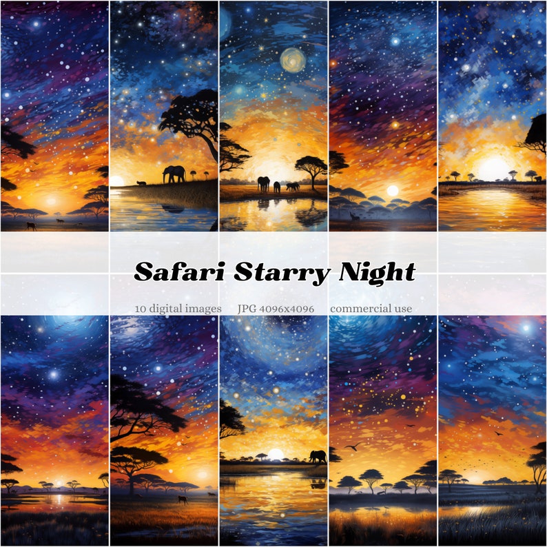 Safari Starry Night Scenery Digital Paper Van Gogh Art Painting Background Sunrise Sunset Starry ...
