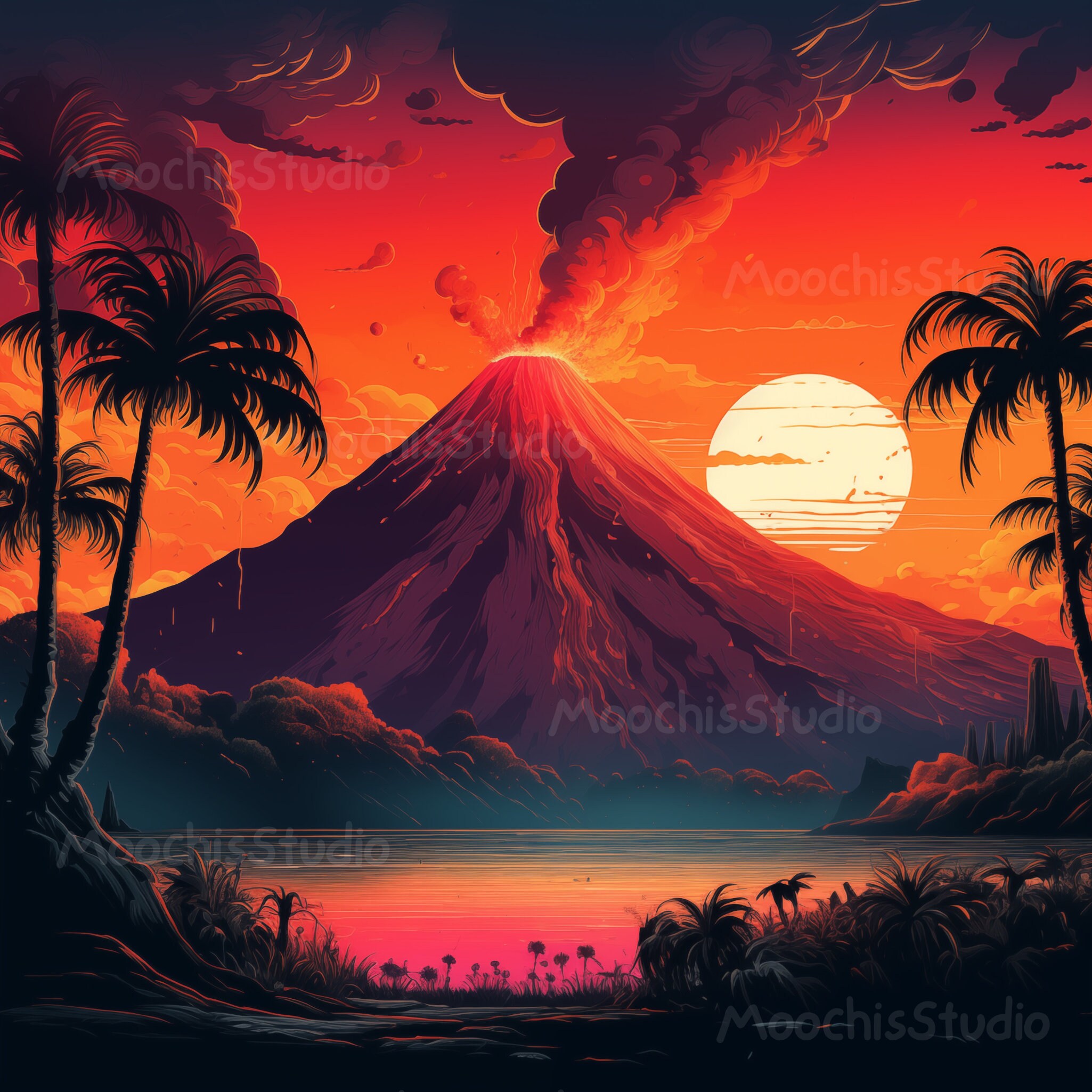 Volcano Scenery Cartoon Art Digital Wallpaper Background Island ...