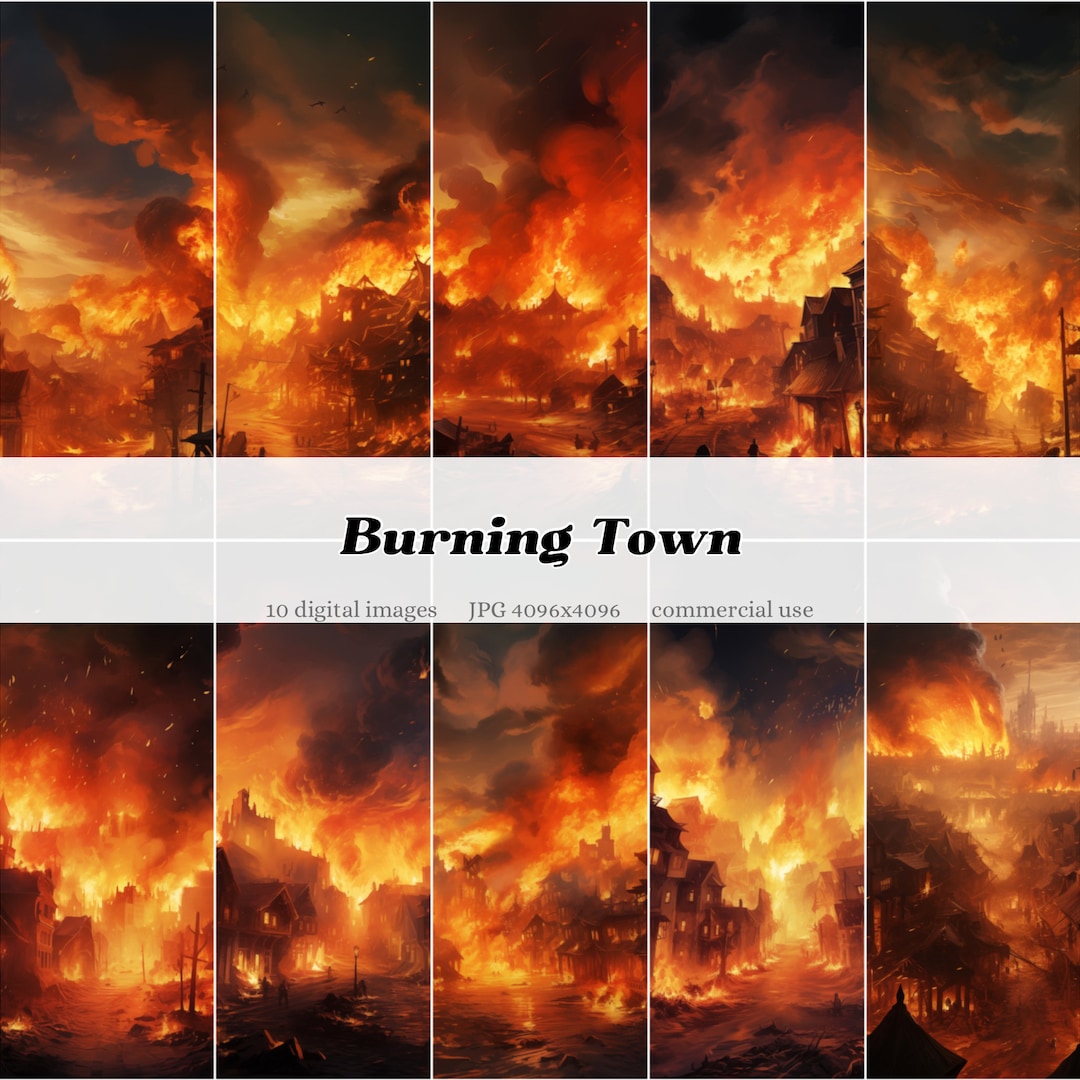 Burning Town Scenery Digital Paper Overlay Clipart Background Woods ...
