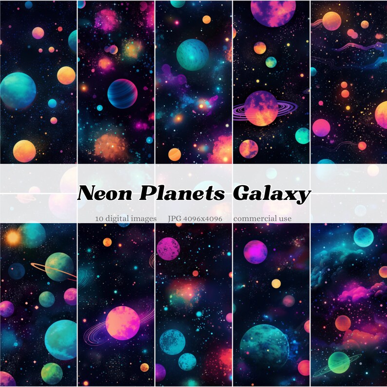 Neon Planets Starry Galaxy Digital Paper Overlay Clipart Backgrounds ...