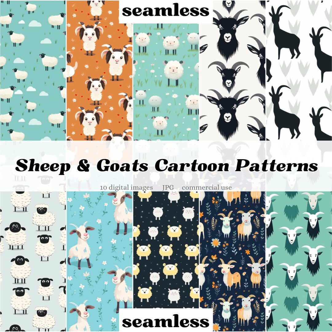 Sheep & Goats Cartoon Patterns Bundle Seamless Digital Print Clipart ...