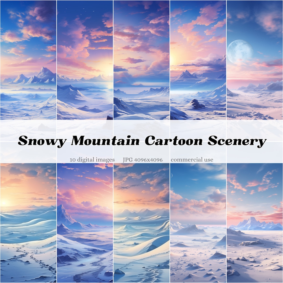 Snowy Mountains Scenery Cartoon Art Digital Wallpaper Background Winter ...