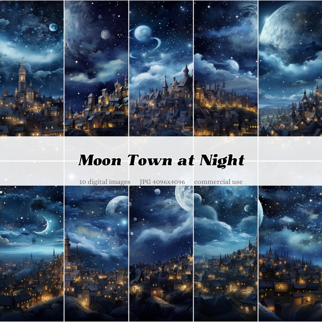 Moon Town at Night Digital Paper Overlay Moonlight Background Stars ...