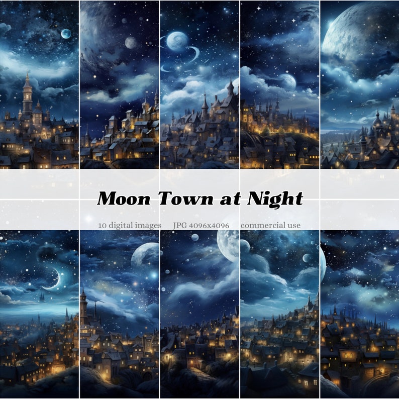 Moon Town at Night Digital Paper Overlay Moonlight Background Stars ...