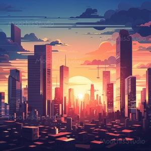 Sunset Cartoon City Scenery Digital Paper Overlay Background Park ...